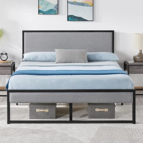 Yaheetech Metal Platform Bed Frame with Linen Upholstered Headboard and Footboard Mattress Foundation with Strong Steel Slats No Box Spring Needed Easy Assembly Gray Queen Size