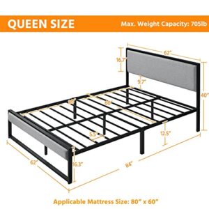 Yaheetech Metal Platform Bed Frame with Linen Upholstered Headboard and Footboard Mattress Foundation with Strong Steel Slats No Box Spring Needed Easy Assembly Gray Queen Size