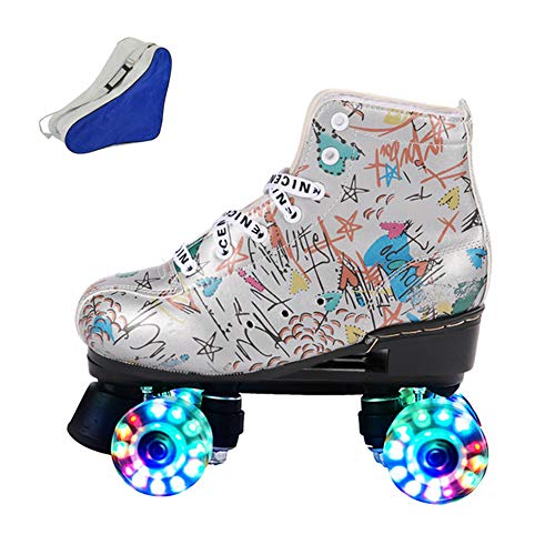 Women's Graffiti Roller Skates Classic PU Leather Roller Skates Four-Wheel Roller Skate Boys and Girls Teenagers Adult Unisex Indoor and Outdoor Double-Row Skates (Silver Flash,7)