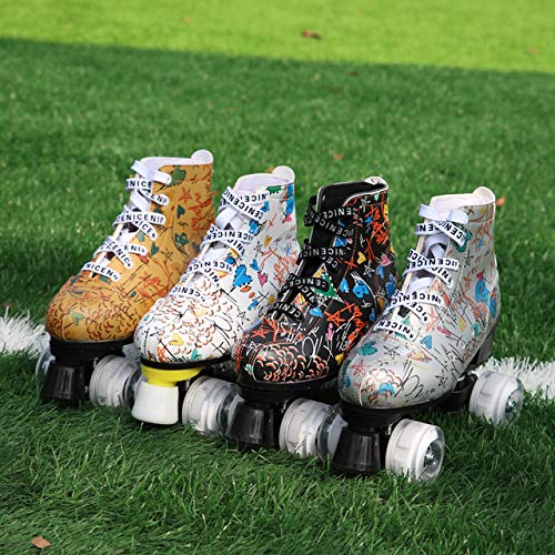 Women's Graffiti Roller Skates Classic PU Leather Roller Skates Four-Wheel Roller Skate Boys and Girls Teenagers Adult Unisex Indoor and Outdoor Double-Row Skates (Silver Flash,7)