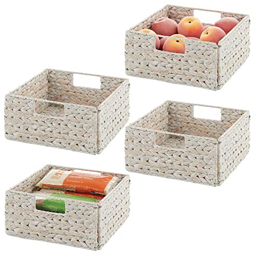 mDesign Woven Hyacinth Storage Bin Basket Organizer with Handles for Organizing Kitchen Pantry, Cabinet, Cupboard, Shelves - Holds Food, Drinks, Snacks - 4 Pack - White Wash