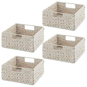 mDesign Woven Hyacinth Storage Bin Basket Organizer with Handles for Organizing Kitchen Pantry, Cabinet, Cupboard, Shelves - Holds Food, Drinks, Snacks - 4 Pack - White Wash