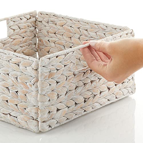 mDesign Woven Hyacinth Storage Bin Basket Organizer with Handles for Organizing Kitchen Pantry, Cabinet, Cupboard, Shelves - Holds Food, Drinks, Snacks - 4 Pack - White Wash