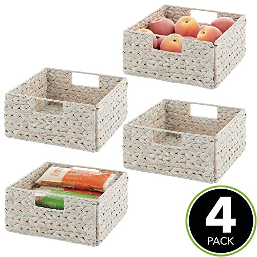 mDesign Woven Hyacinth Storage Bin Basket Organizer with Handles for Organizing Kitchen Pantry, Cabinet, Cupboard, Shelves - Holds Food, Drinks, Snacks - 4 Pack - White Wash