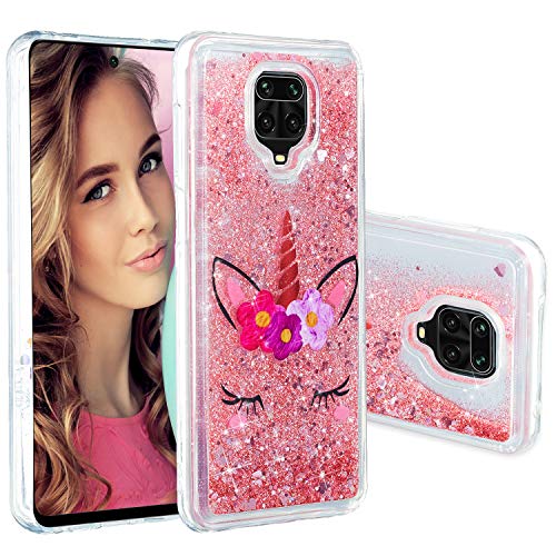 OOPKINS Glitter Liquid Case for Redmi Note 9 Pro Sparkle Floating Shiny Quicksand Clear Soft TPU Silicone Shockproof Protective Bumper Thin Cover for Redmi Note 9S Bling Eyelash Unicorn XY