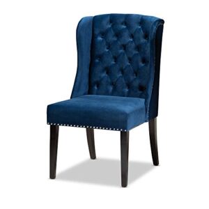 baxton studio lamont modern contemporary transitional navy blue velvet fabric upholstered and dark brown finished wood wingback dining chair