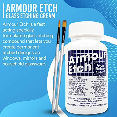 Armour Etch Glass Etching Cream Kit - Create Permanently Etched Designs - 10oz Net Weight - Bundled with Moshify Application Brushes