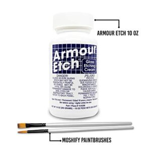 Armour Etch Glass Etching Cream Kit - Create Permanently Etched Designs - 10oz Net Weight - Bundled with Moshify Application Brushes