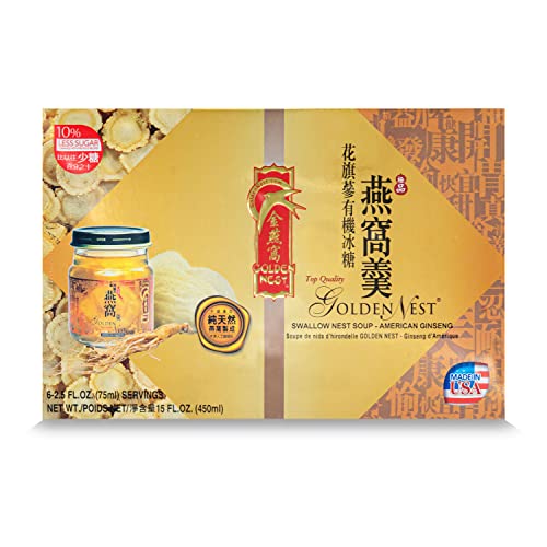 Golden Nest Premium Bird Nest Soup, Swallow Bird Nest 100% Natural - Made in USA, (燕窩) 6 bottles x 75ml (2.5 oz.) - (Ginseng)