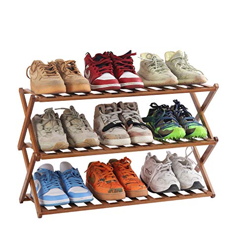 PENGKE 3 Tier Shoe Rack,Multi Tier Foldable Bamboo Shoe Organizer Rack Multifunctional Storage Free Standing Shoe Shelf