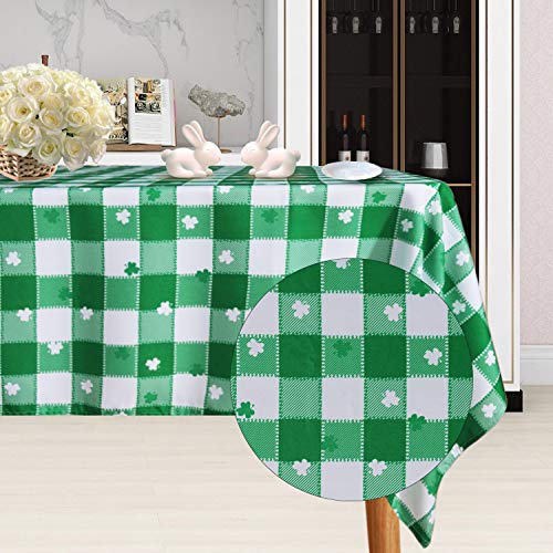 SARAFLORA St Patrick's Day Checkered Fabric Rectangle Table Cloth-60x84 Inch-Polyester Shamrock Pattern Tablecloth, Table Cover Protector for Party, Banquet, Dinner Decoration Use, Green & White