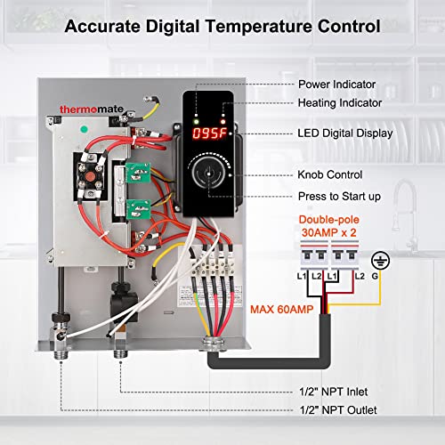 thermomate Electric Tankless Water Heater, 11kW at 240 Volt, On Demand Instant Hot Water Heater, Self Modulating Energy Saving, Save Space, 2.15GPM at 35°F Rise