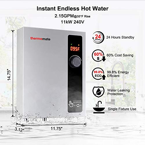 thermomate Electric Tankless Water Heater, 11kW at 240 Volt, On Demand Instant Hot Water Heater, Self Modulating Energy Saving, Save Space, 2.15GPM at 35°F Rise