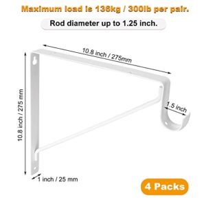 4 Pack Heavy Duty Closet Rod Brackets Holder 10.8 x 10.8 x 1 Inch, White Closet Rod Shelf Support Hooks Wall Mounted Shelf and Rod Support Brackets with Screws (275 x 275 x 25mm - D x H x W)