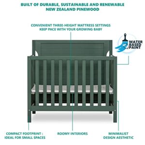 Dream On Me Bellport 4 in 1 Convertible Mini/Portable Crib In Safari Green, Non-Toxic Finish, Made of Sustainable New Zealand Pinewood, With 3 Mattress Height Settings