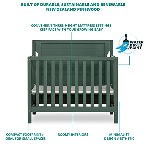 Dream On Me Bellport 4 in 1 Convertible Mini/Portable Crib In Safari Green, Non-Toxic Finish, Made of Sustainable New Zealand Pinewood, With 3 Mattress Height Settings