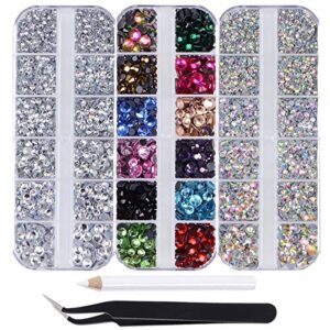 Massive Beads 9500+ Flatback Round Glass Hotfix Iron On Rhinestones Gemstone for DIY Making w/ 1 Tweezer & 1 Picking Pen for Shoes, Clothes, Bags, Manicure (12-Colors, Crystal, Crystal AB, 5&6 Sizes)