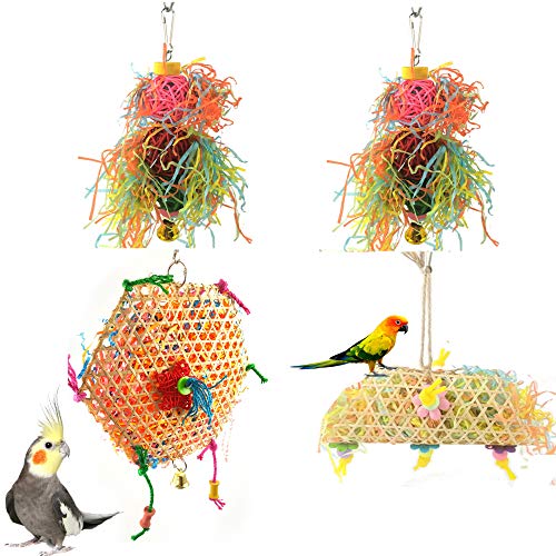 alfyng 4 Pack Bird Parrots Shredding Toys, Parakeet Chewing Foraging Shredder Toy, Bird Loofah Foraging Cage Hanging Toy for Parakeets, Cockatiels, Conures, Budgie, Lovebirds, African Grey Amazon