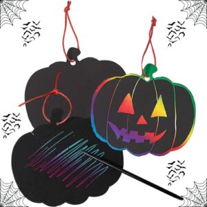 neliblu halloween scratch art trick or treak paper crafts kit bulk pack of halloween pumpkins with magic rainbow colors - 24 pumpkin ornaments, 24 scratch sticks, 24 ribbons