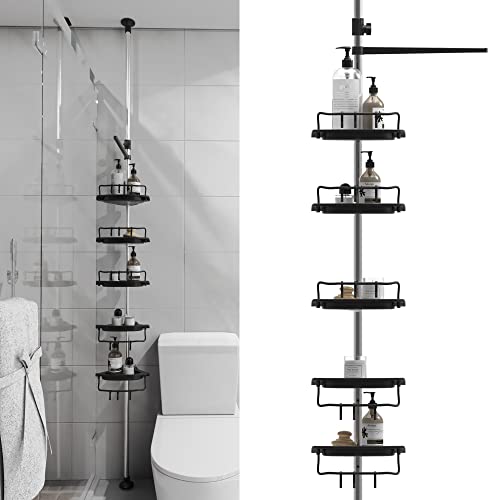 DYN Ptah 6 Tiers 95 to 116 Inch Rustproof Shower Caddy Tension Pole with 5 Shelves + 1 Tower Rack, CornerStanding Constant Tension Pole 304 Stainless Steel Adjustable Height Storage Organizer, Black