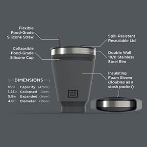 HYDAWAY Collapsible Drink Tumbler | Portable, Insulated, Hot & Cold Drink Cup for Coffee, Tea, Smoothies, Beer, Cocktails, Travel, Commuting, Camping, Events | 16oz Capacity (Jet Black)