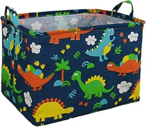 acmuuni rec canvas clothes basket laundry hamper with handles waterproof cotton storage organizer perfect for kids boys girls toys nursery gift basket (rec blue dinosaur)