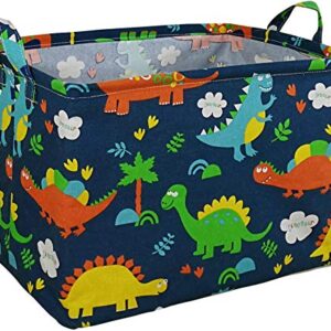 ACMUUNI REC Canvas Clothes Basket Laundry Hamper with Handles Waterproof Cotton Storage Organizer Perfect for Kids Boys Girls Toys Nursery Gift Basket (REC blue dinosaur)