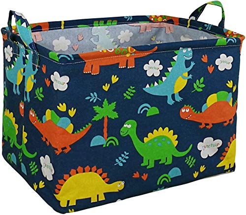 ACMUUNI REC Canvas Clothes Basket Laundry Hamper with Handles Waterproof Cotton Storage Organizer Perfect for Kids Boys Girls Toys Nursery Gift Basket (REC blue dinosaur)