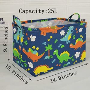 ACMUUNI REC Canvas Clothes Basket Laundry Hamper with Handles Waterproof Cotton Storage Organizer Perfect for Kids Boys Girls Toys Nursery Gift Basket (REC blue dinosaur)