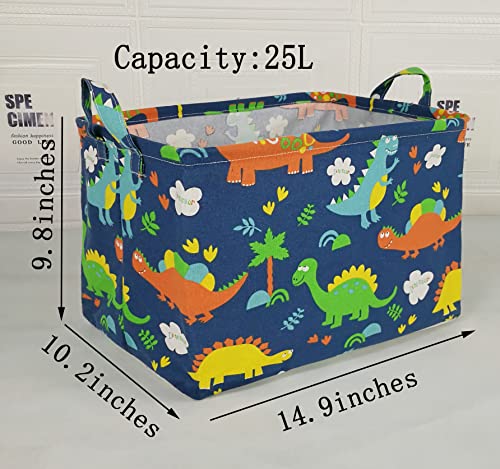 ACMUUNI REC Canvas Clothes Basket Laundry Hamper with Handles Waterproof Cotton Storage Organizer Perfect for Kids Boys Girls Toys Nursery Gift Basket (REC blue dinosaur)