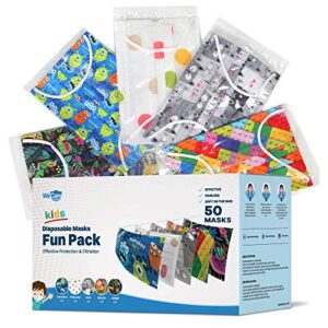 wecare disposable face masks for kids, 50 print masks, individually wrapped for school and travel (fun pack)