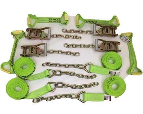 Safe 'n Secure 8 Point Heavy Duty Hi Viz Diamond Weave 18' Strap Kit for Rollback/Flatbed Tie Downs with 12" Chain Tail