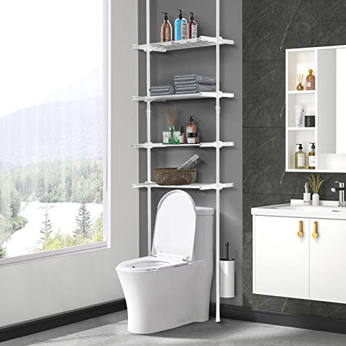 DYN Ptah Bathroom Organizer, 4-Tier Over-The-Toilet Storage, Adjustable Over The Toilet Storage Cabinet, Metal Bathroom Shelves Over Toilet for Small Room, Saving Space, 65 to 116 Inch Tall, White