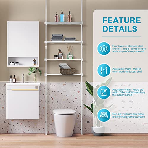 DYN Ptah Bathroom Organizer, 4-Tier Over-The-Toilet Storage, Adjustable Over The Toilet Storage Cabinet, Metal Bathroom Shelves Over Toilet for Small Room, Saving Space, 65 to 116 Inch Tall, White