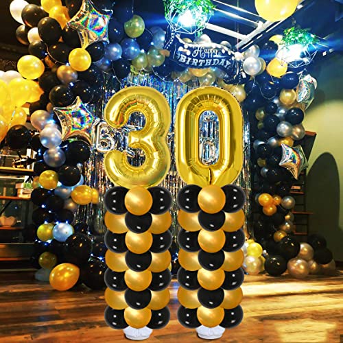 30th Birthday Decorations for Him Men,Cheers to 30 Years Tall 30 Birthday Balloons Column for 30th Party Decorations and 30th Wedding Anniversary Decorations (Black & Gold)