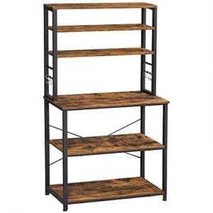 vasagle baker's rack, microwave oven stand, kitchen tall utility storage shelf, 6 hooks and metal frame, industrial, 15.7 x 31.5 x 65.7 inches, rustic brown and black ukks019b01