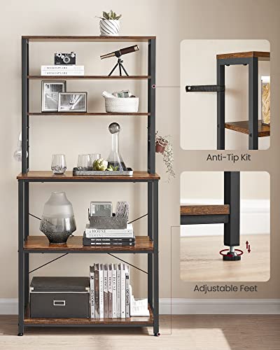 VASAGLE Baker's Rack, Microwave Oven Stand, Kitchen Tall Utility Storage Shelf, 6 Hooks and Metal Frame, Industrial, 15.7 x 31.5 x 65.7 Inches, Rustic Brown and Black UKKS019B01