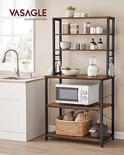 VASAGLE Baker's Rack, Microwave Oven Stand, Kitchen Tall Utility Storage Shelf, 6 Hooks and Metal Frame, Industrial, 15.7 x 31.5 x 65.7 Inches, Rustic Brown and Black UKKS019B01