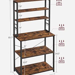 VASAGLE Baker's Rack, Microwave Oven Stand, Kitchen Tall Utility Storage Shelf, 6 Hooks and Metal Frame, Industrial, 15.7 x 31.5 x 65.7 Inches, Rustic Brown and Black UKKS019B01