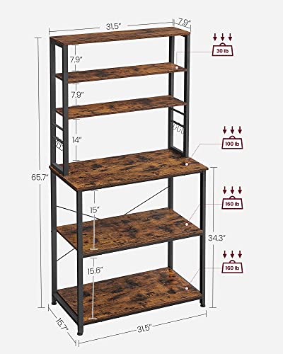 VASAGLE Baker's Rack, Microwave Oven Stand, Kitchen Tall Utility Storage Shelf, 6 Hooks and Metal Frame, Industrial, 15.7 x 31.5 x 65.7 Inches, Rustic Brown and Black UKKS019B01