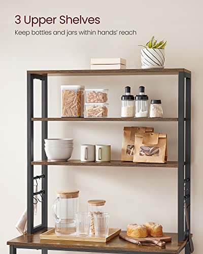 VASAGLE Baker's Rack, Microwave Oven Stand, Kitchen Tall Utility Storage Shelf, 6 Hooks and Metal Frame, Industrial, 15.7 x 31.5 x 65.7 Inches, Rustic Brown and Black UKKS019B01