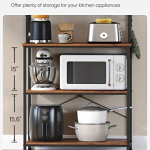 VASAGLE Baker's Rack, Microwave Oven Stand, Kitchen Tall Utility Storage Shelf, 6 Hooks and Metal Frame, Industrial, 15.7 x 31.5 x 65.7 Inches, Rustic Brown and Black UKKS019B01