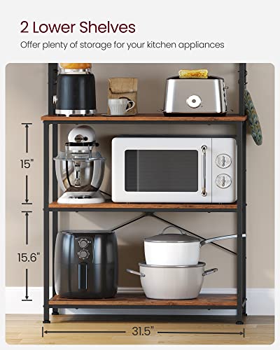 VASAGLE Baker's Rack, Microwave Oven Stand, Kitchen Tall Utility Storage Shelf, 6 Hooks and Metal Frame, Industrial, 15.7 x 31.5 x 65.7 Inches, Rustic Brown and Black UKKS019B01