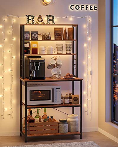 VASAGLE Baker's Rack, Microwave Oven Stand, Kitchen Tall Utility Storage Shelf, 6 Hooks and Metal Frame, Industrial, 15.7 x 31.5 x 65.7 Inches, Rustic Brown and Black UKKS019B01