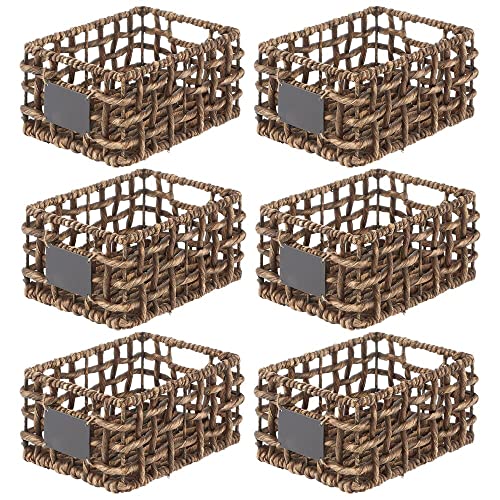 mDesign Water Hyacinth Open Weave Household Basket with Built-in Chalkboard Label for Storage in Bedroom, Bathroom, Office - Hold Clothes, Blankets, Linens, Accessories - 6 Pack - Brown Wash