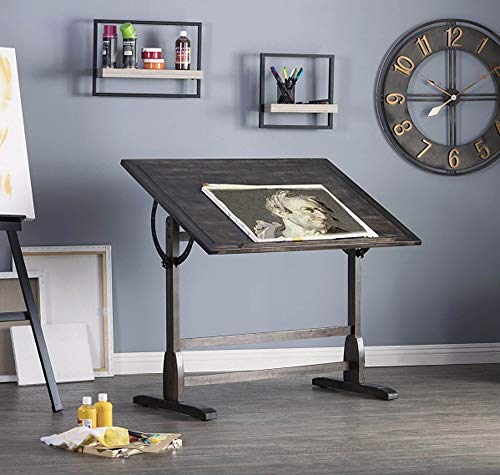 Offex Classic Design Vintage Wood Drafting Table with 42"x 30" Adjustable Top and Pencil Groove - Distressed Black