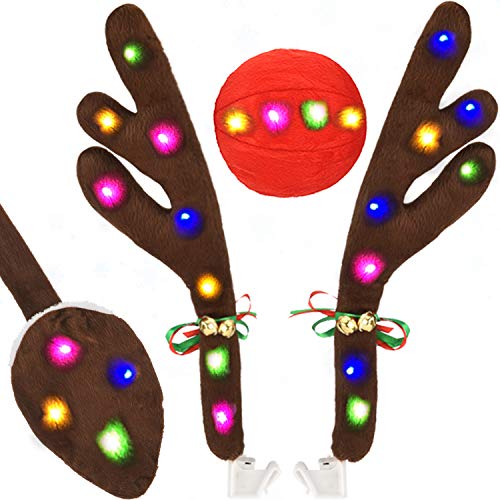 EALEBE Kooboe Car Reindeer Antlers & Nose Decorations, Christmas Antlers Car Kit with LED Lights Jingle Bell Nose and Tail for Truck, Decorate Any Vehicle, Xmas Gift Set