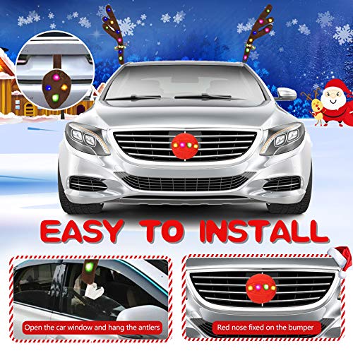 EALEBE Kooboe Car Reindeer Antlers & Nose Decorations, Christmas Antlers Car Kit with LED Lights Jingle Bell Nose and Tail for Truck, Decorate Any Vehicle, Xmas Gift Set