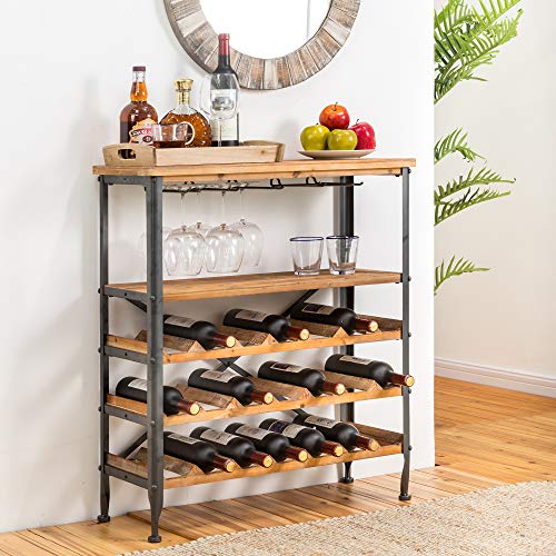 glitzhome Rustic Wine Rack 5-Tier Free Standing Floor Wine Rack for Wine Bottles and Glasses 21-Bottle Stackable Capacity Wine Storage Shelves with Glass Holder Wood Wine Rack for Kitchen Bar Pantry