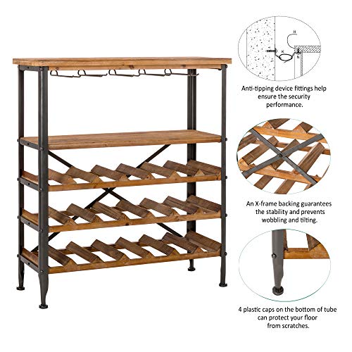 glitzhome Rustic Wine Rack 5-Tier Free Standing Floor Wine Rack for Wine Bottles and Glasses 21-Bottle Stackable Capacity Wine Storage Shelves with Glass Holder Wood Wine Rack for Kitchen Bar Pantry